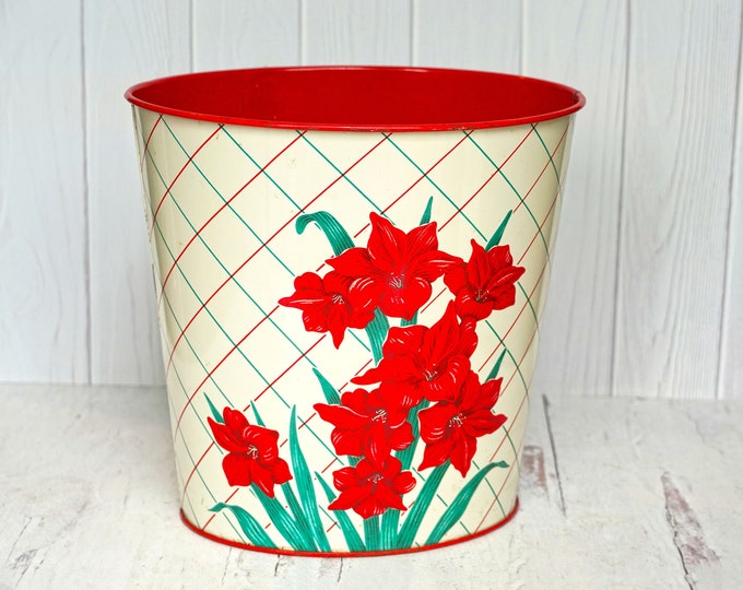 Vintage 1950s Colorware Red Daylilies Metal Waste Basket, Plaid ...