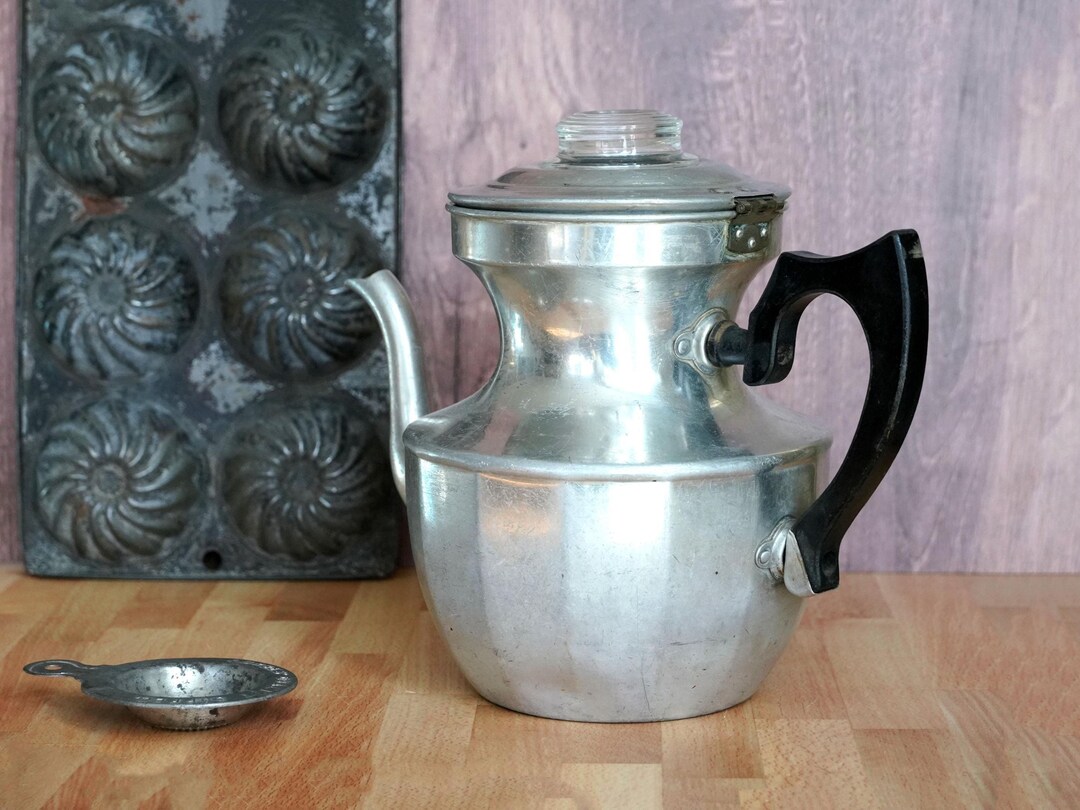 Vintage Mid Century Mirro Aluminum Percolator Pot, 8-cup, Clear Glass ...