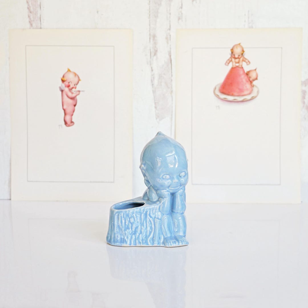 Vintage Mid Century Blue Glazed Pottery Kewpie Planter, Quiver, Sitting ...