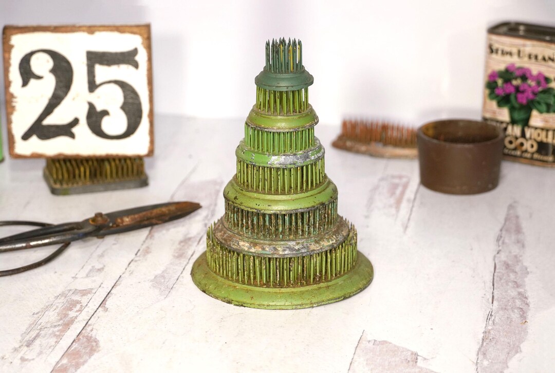 Vintage Set of 6 Rustic Green Cast Iron Pin Flower Frogs, Round, Dazey ...