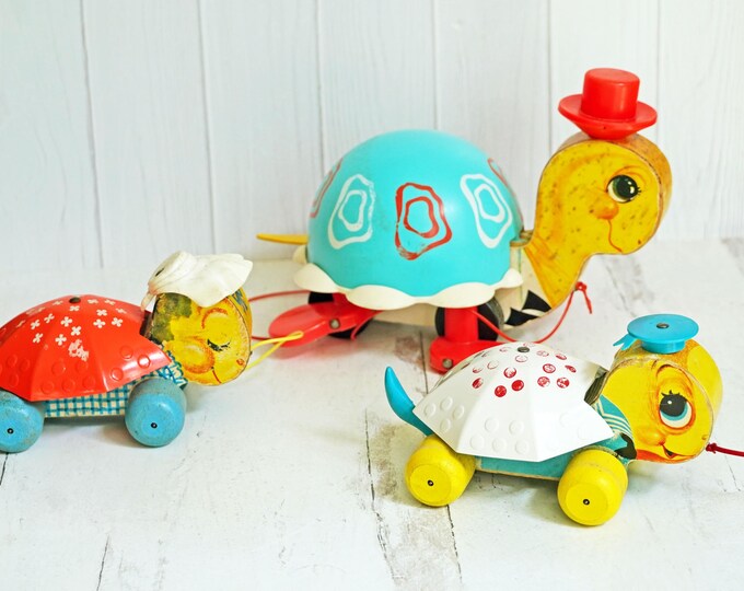 Vintage 1960s Fisher Price 1962 Tip Toe Turtle 773, 1962 Sleepy Sue 495 ...