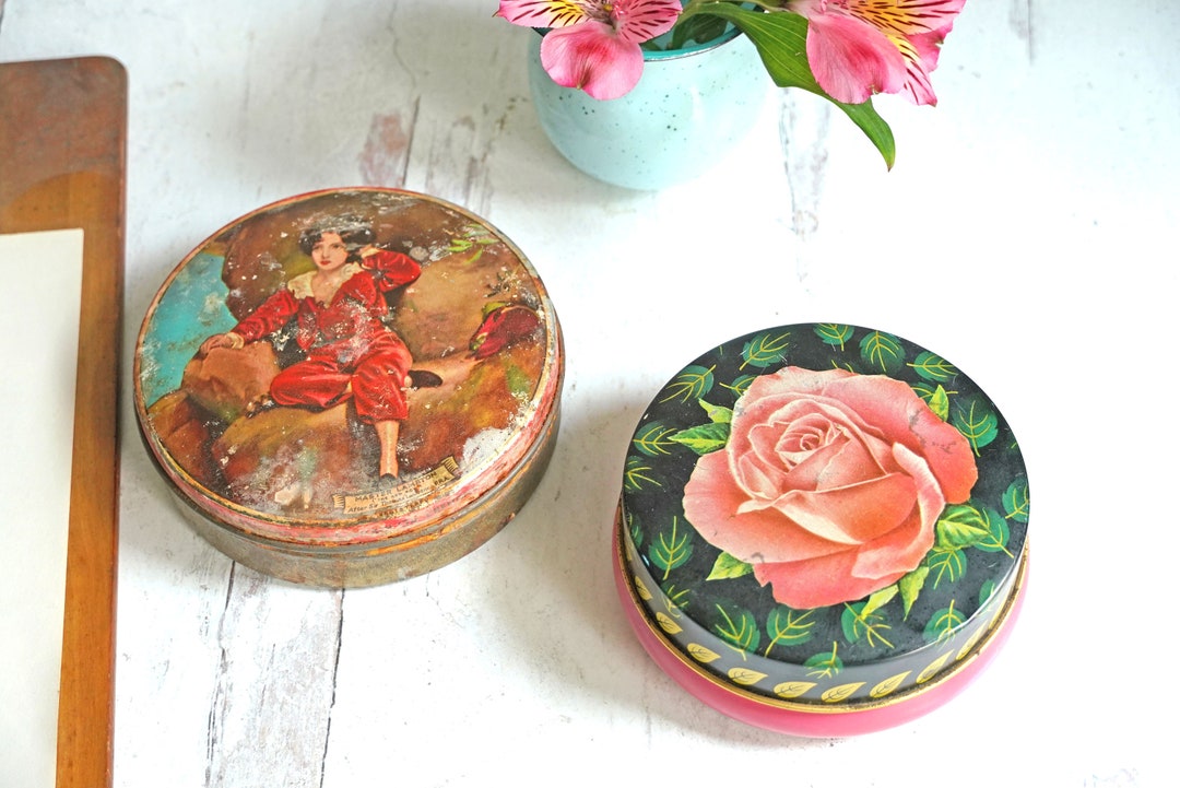 Vintage Pair of English Toffee Tins, Riley's Toffee Pink Rose Round Tin ...