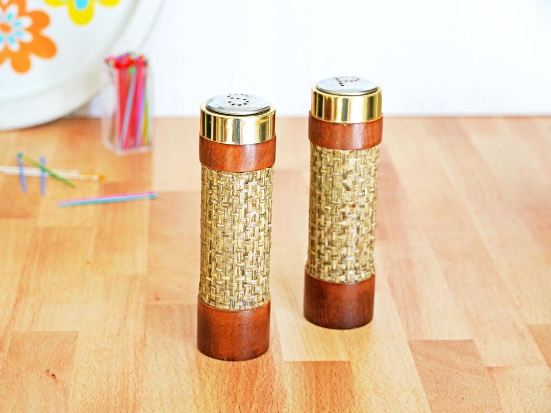 Vintage 1960s Lobeco Wood & Woven Rattan Salt and Pepper Shakers ...