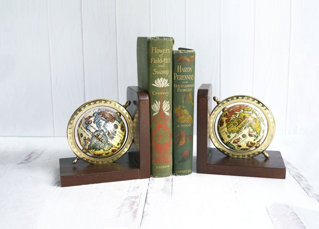 Vintage Mid-century, Old World Globe Bookends, Gold Axis, Spinning ...