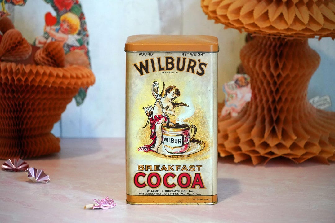 Vintage Wilbur's Breakfast Cocoa Tin, EMPTY, 1 Lb Tan & Red Cupid ...