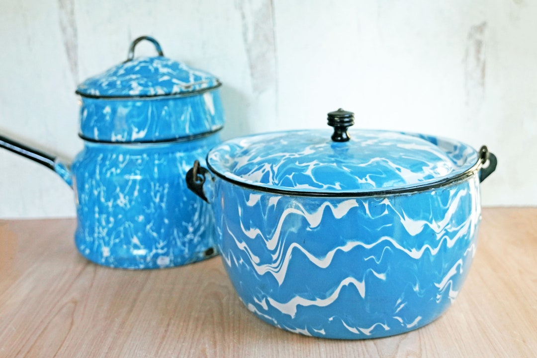 Vintage Blue and White Graniteware Splatterware Kettle and Double ...