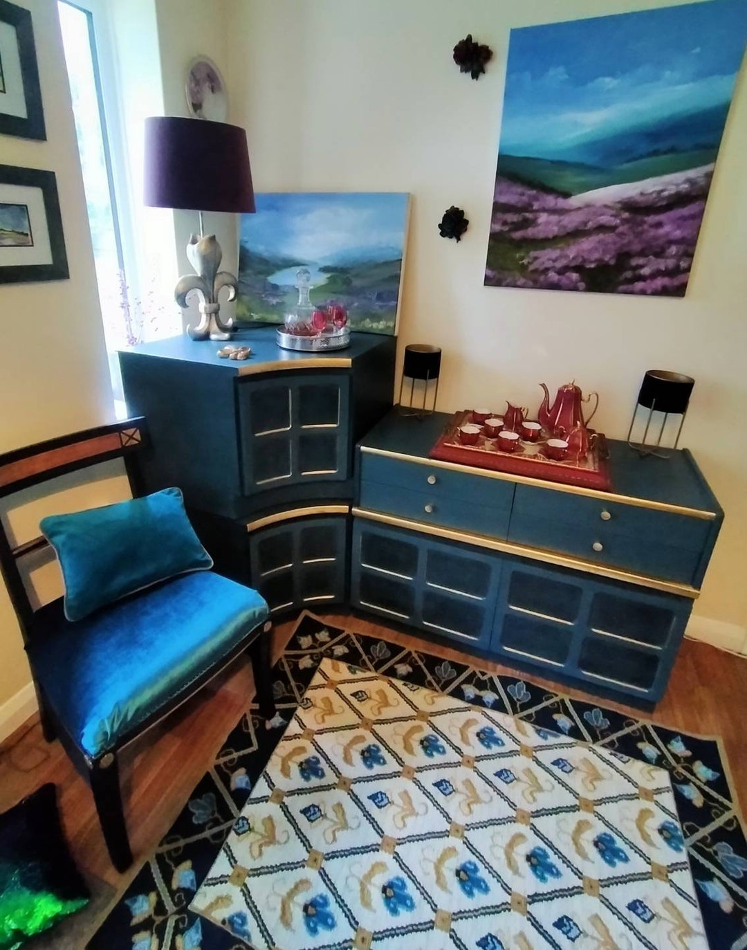 Nathan cabinet extra 2. Hand painted dark teal / blue & gold leaf ...