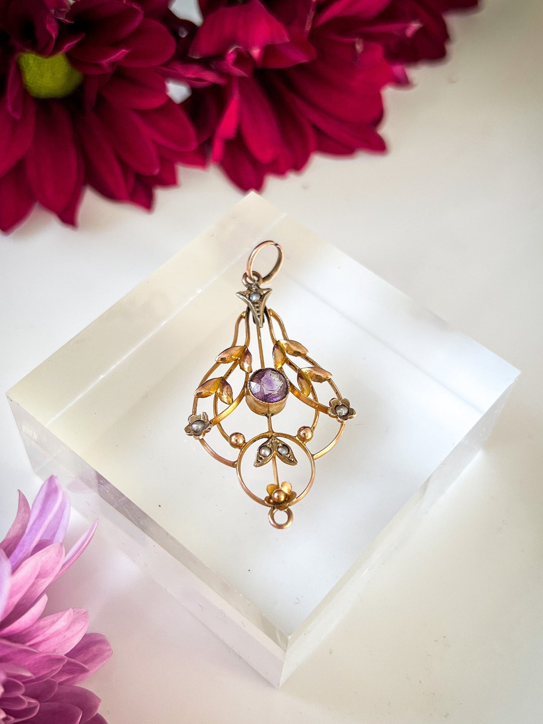 Antique 19th Century Amethyst and Seed Pearl Lavalier Pendant in 9ct ...