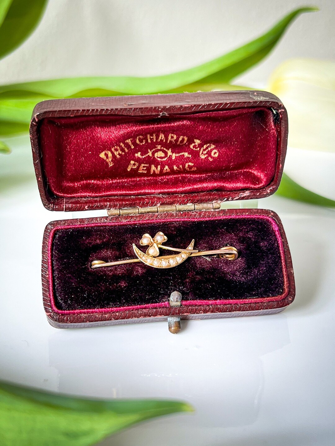 Antique Victorian Seed Pearl Clover and Crescent Moon Honeymoon Brooch ...