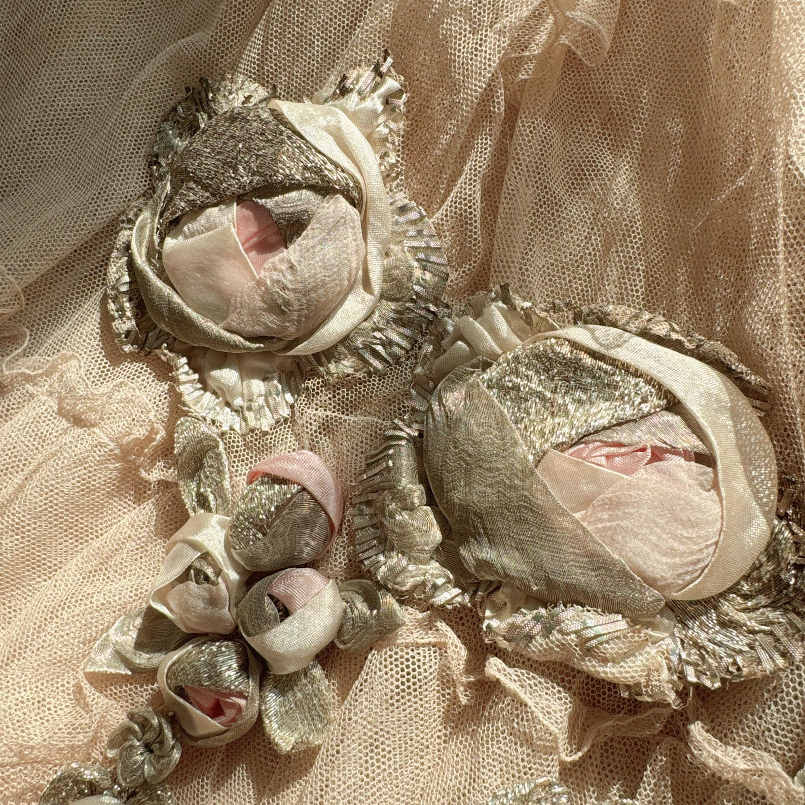 Exceptional Lovely 1900s Large Pink Silk Metallic Lame Rose Ribbonwork ...