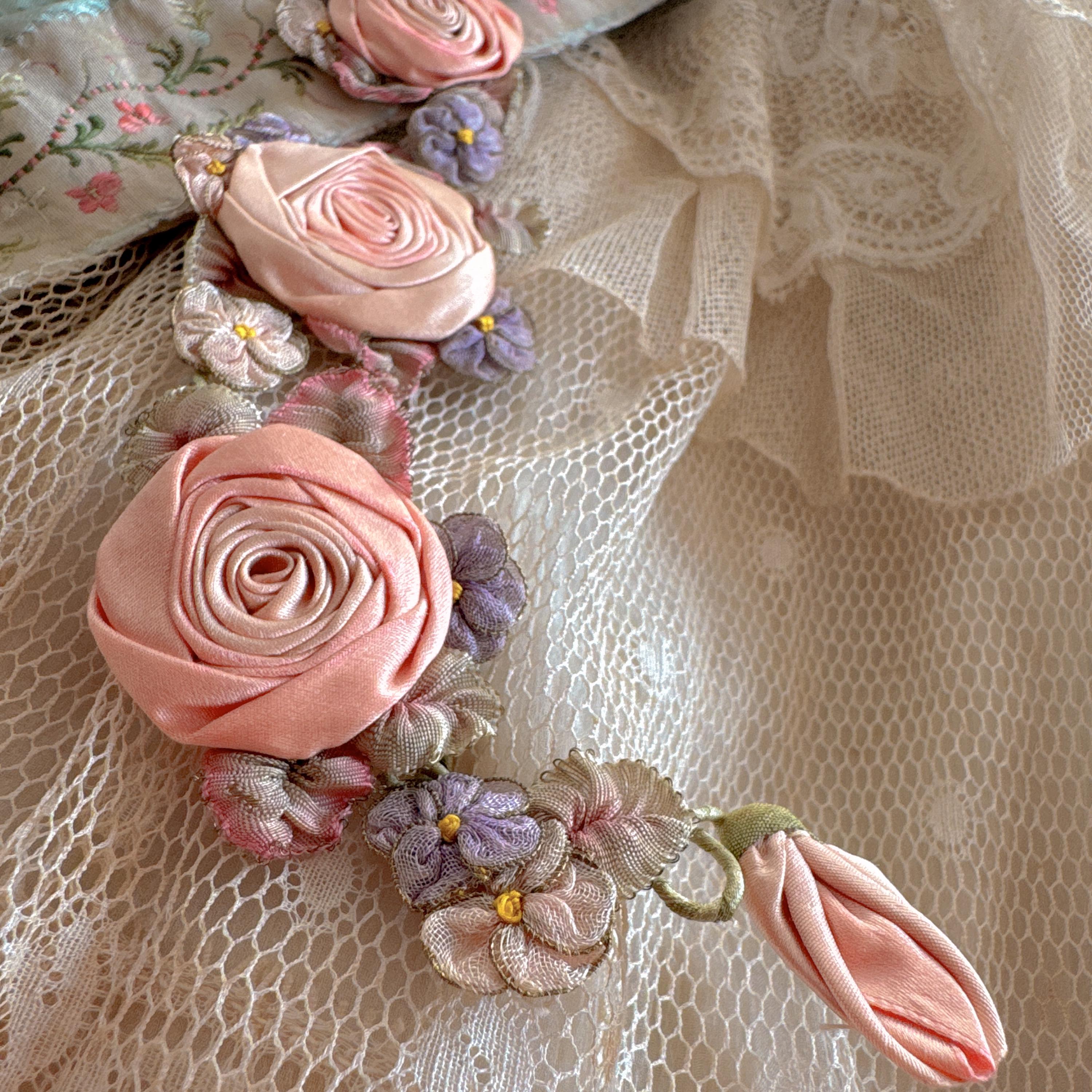 Exceptional Fancy Peach Pink Pastel Silk Rose Ribbonwork Ribbon Work ...