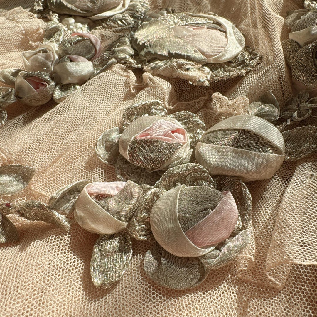 Exceptional Lovely 1900s Large Pink Silk Metallic Lame Rose Ribbonwork ...