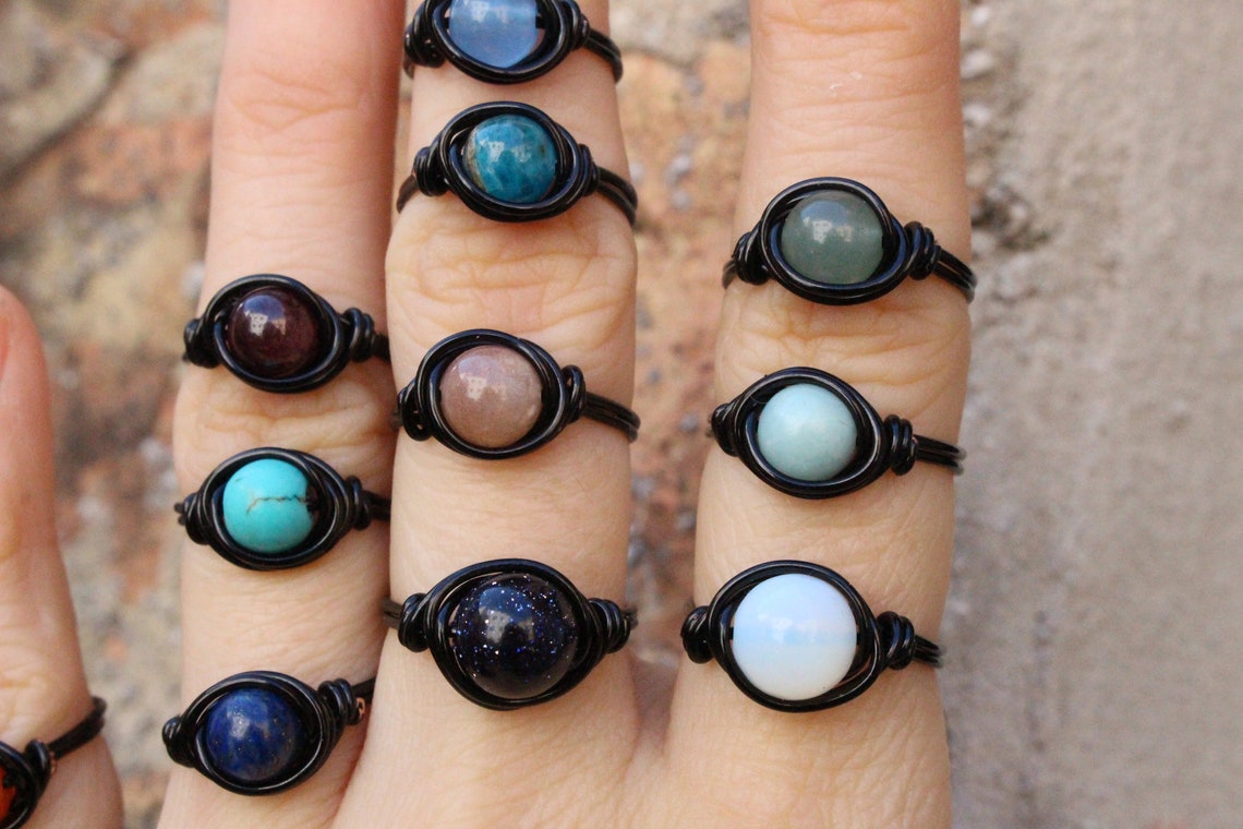 Simple Wire Wrapped Black Ring with Crystal Gem Stone Wire | Etsy