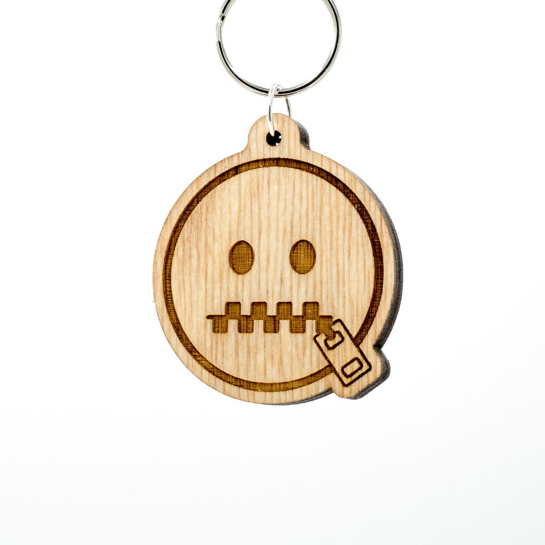 Zipped Lip Emoji Keychain - Zipper Mouth Face Emoji Carved Wood Key ...