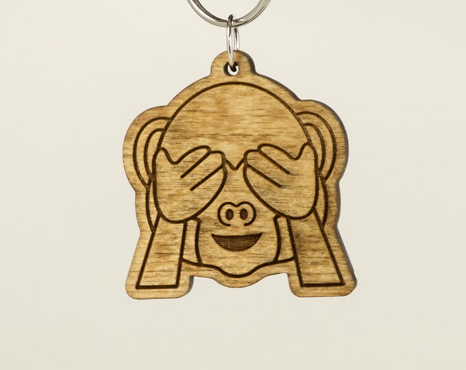See No Evil Monkey Emoji Keychain - Monkey Face Emoji Carved Wood Key ...