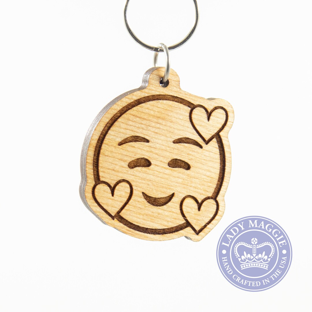 Smiling Face With Hearts Emoji Keychain - Love Emoji Wood Key Ring ...