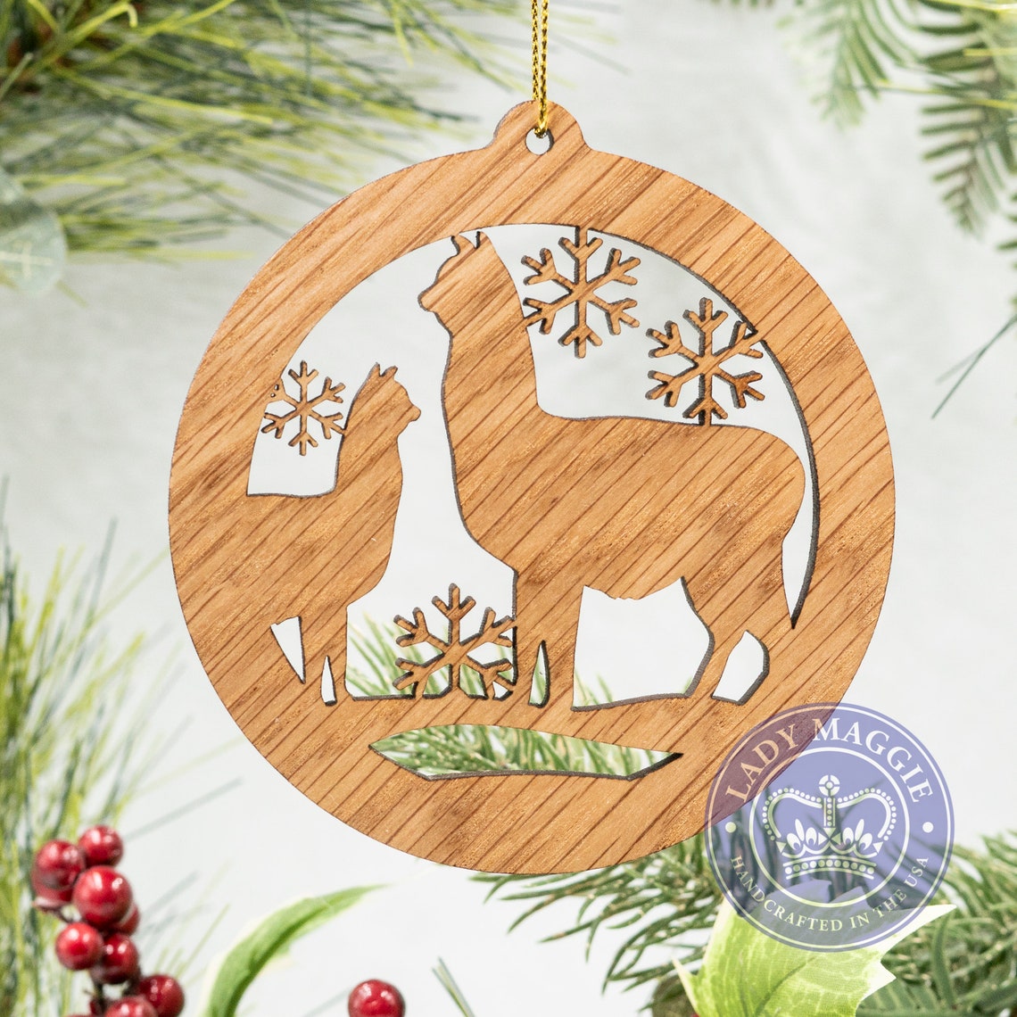 Alpaca Christmas Ornament - Alpaca Silhouette Snowflake Wooden Tree ...