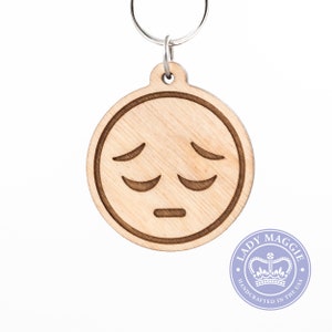 Sad Face Emoji Keychain - Pensive Face Emoji Wooden Keychain - Sadface ...