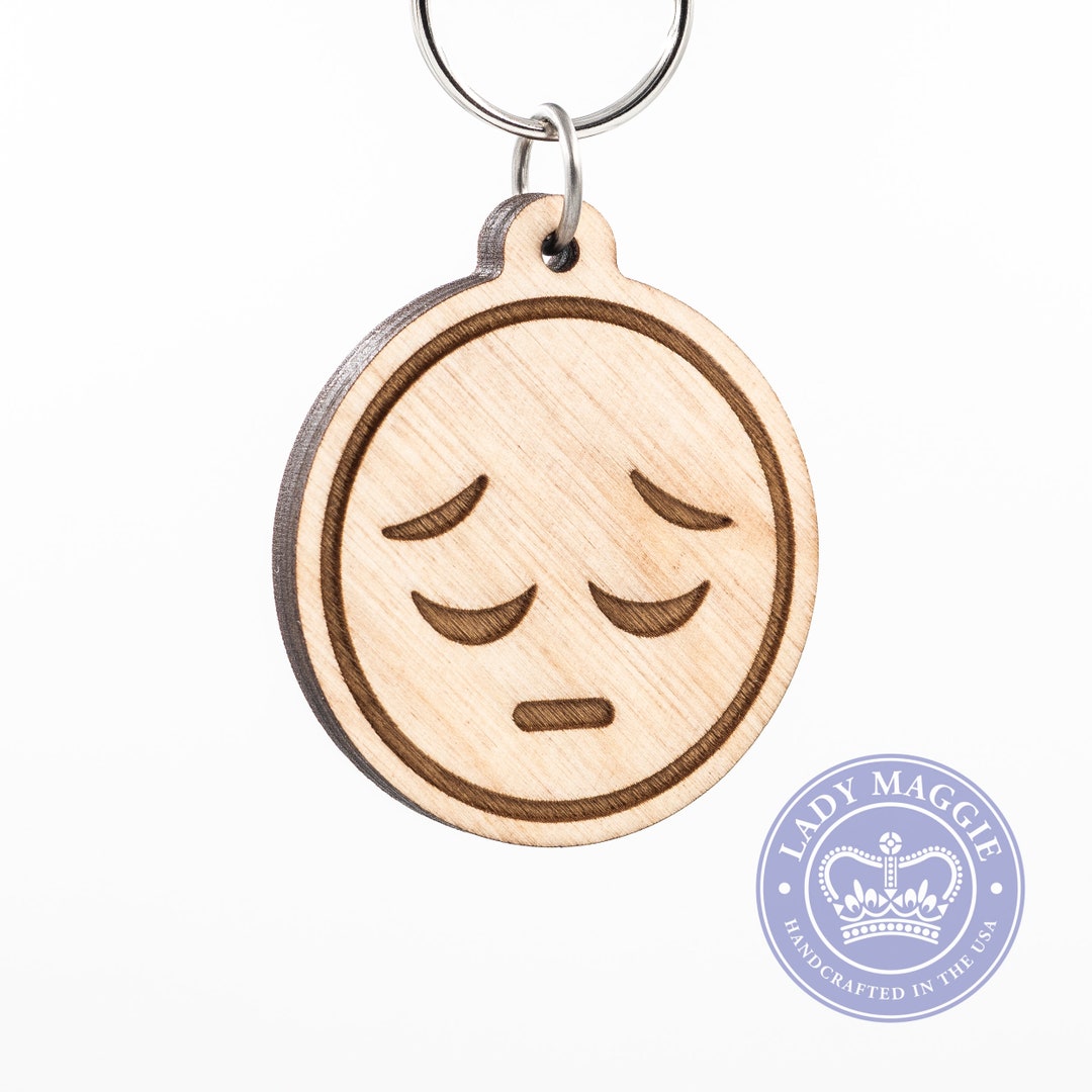 Sad Face Emoji Keychain - Pensive Face Emoji Wooden Keychain - Sadface ...
