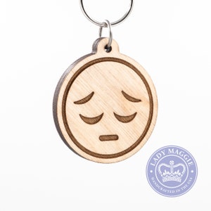 Sad Face Emoji Keychain - Pensive Face Emoji Wooden Keychain - Sadface ...