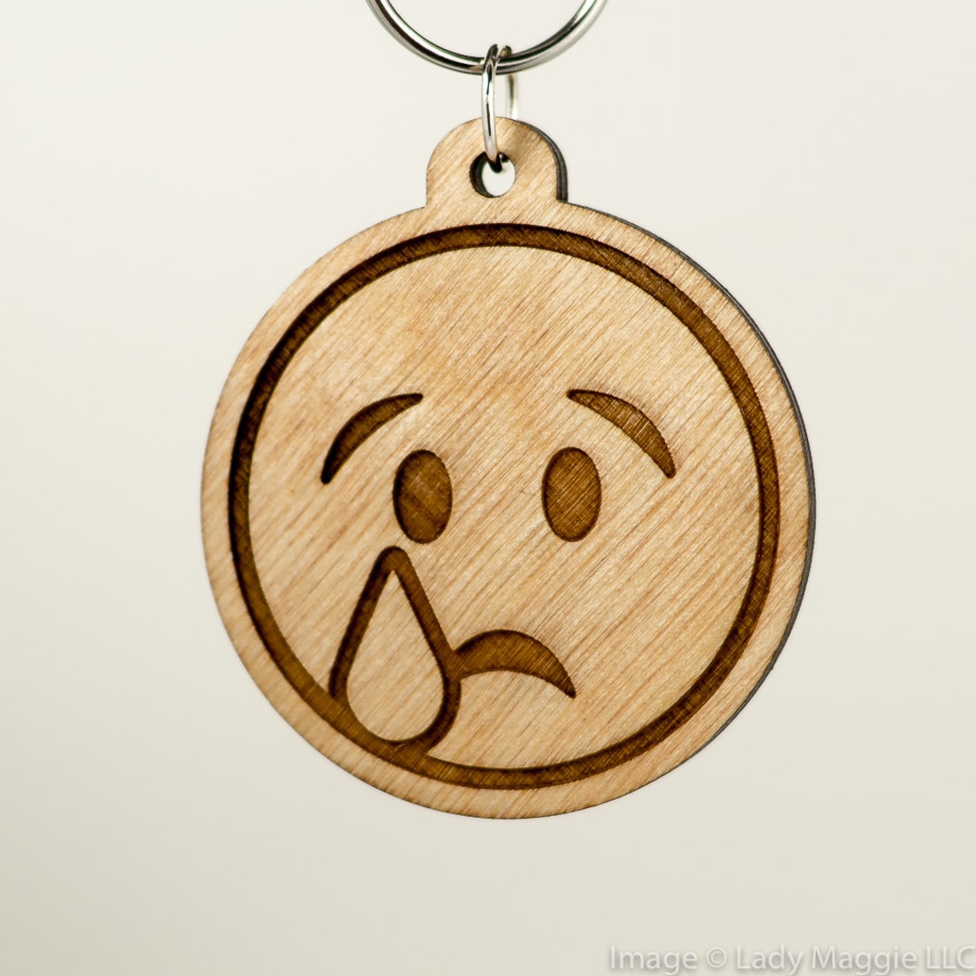 Sad Crying Face Emoji Wooden Keychain - Single Tear Emoji - Sad Crying ...