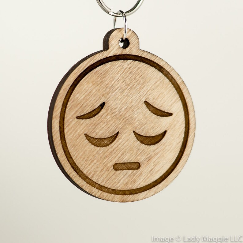 Sad Face Emoji Keychain Pensive Face Emoji Wooden Keychain | Etsy