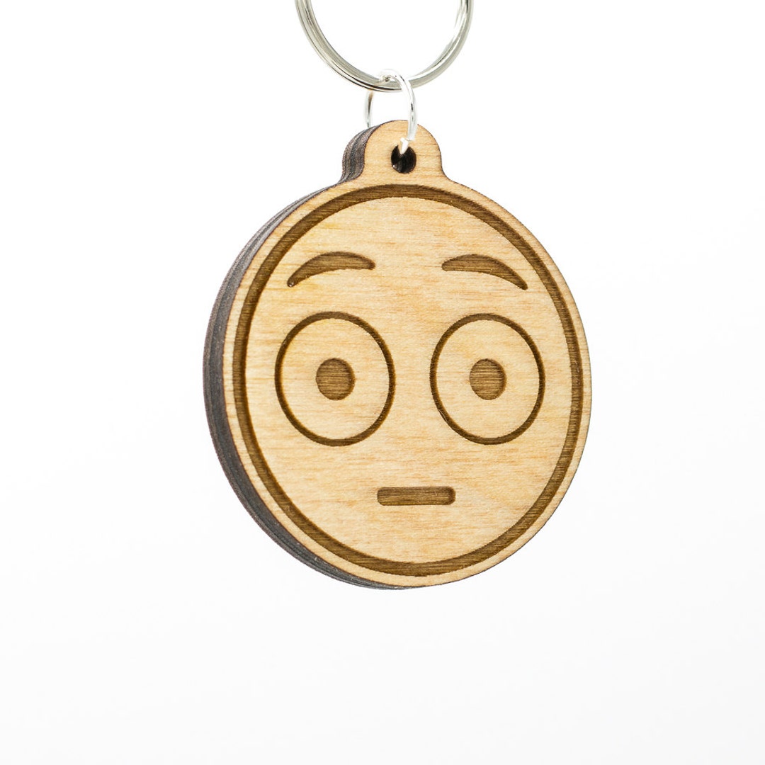 Embarrassed Emoji Wood Keychain - Flushed Face Emoji Carved Wood Key ...