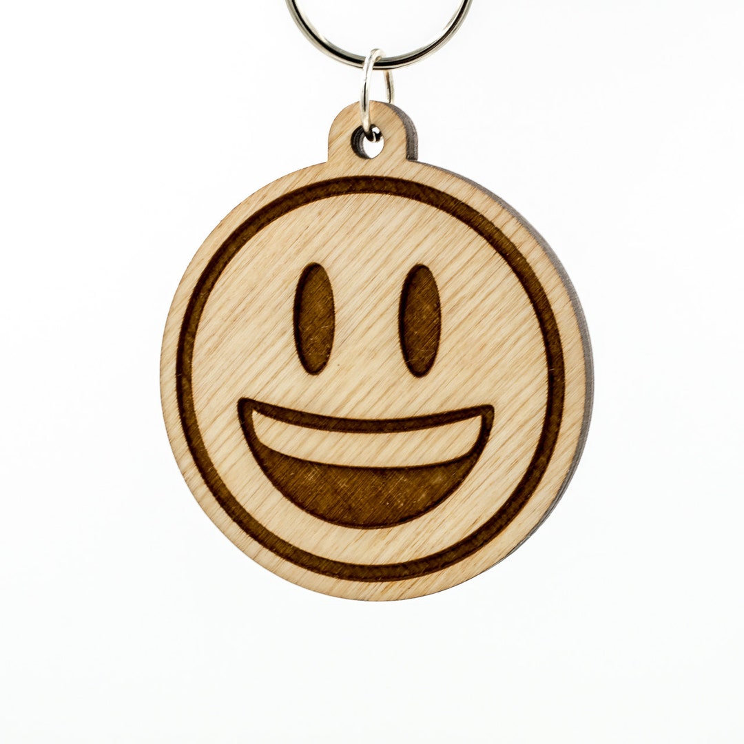 Smiley Face Emoji Wooden Keychain - Smiling Face With Open Mouth Emoji ...