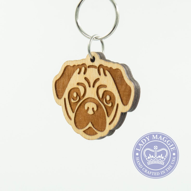 Pug Keychain - Pug Dog Carved Wood Key Ring - Pug Face Wooden Engraved ...