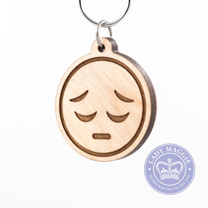 Sad Face Emoji Keychain Pensive Face Emoji Wooden Keychain | Etsy