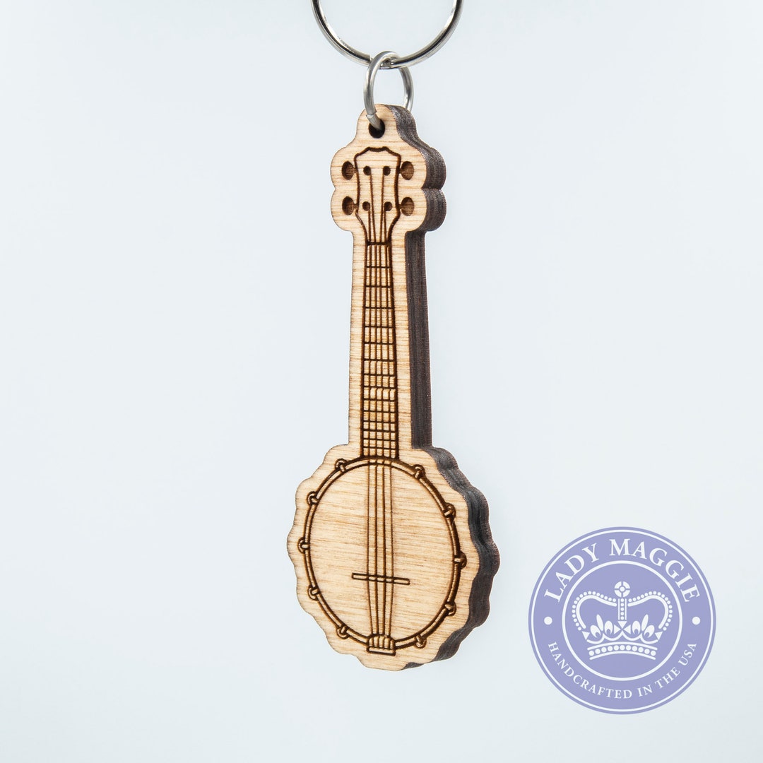 Banjo Keychain Banjo Carved Wood Key Ring Engraved Wooden Banjo Charm ...