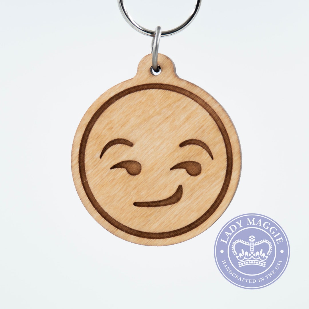 Smirking Emoji Wood Keychain - Half Smiling Face Emoji Carved Wooden ...