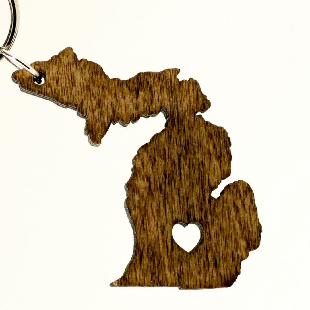 Michigan Wooden Keychain - MI State Keychain - Wooden Michigan Carved ...