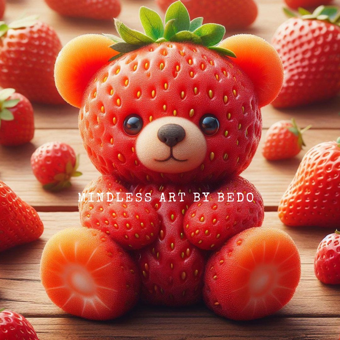 Cute Strawberry Bear Digital Art Print, Wall Art, AI Generated, AI Art, Digital Download, Home ...