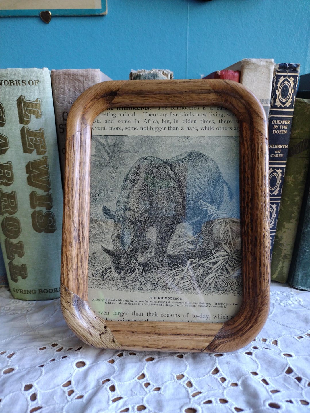 Antique Book Page Illustration Rhino Rhinoceros Picture Framed Woodenl ...