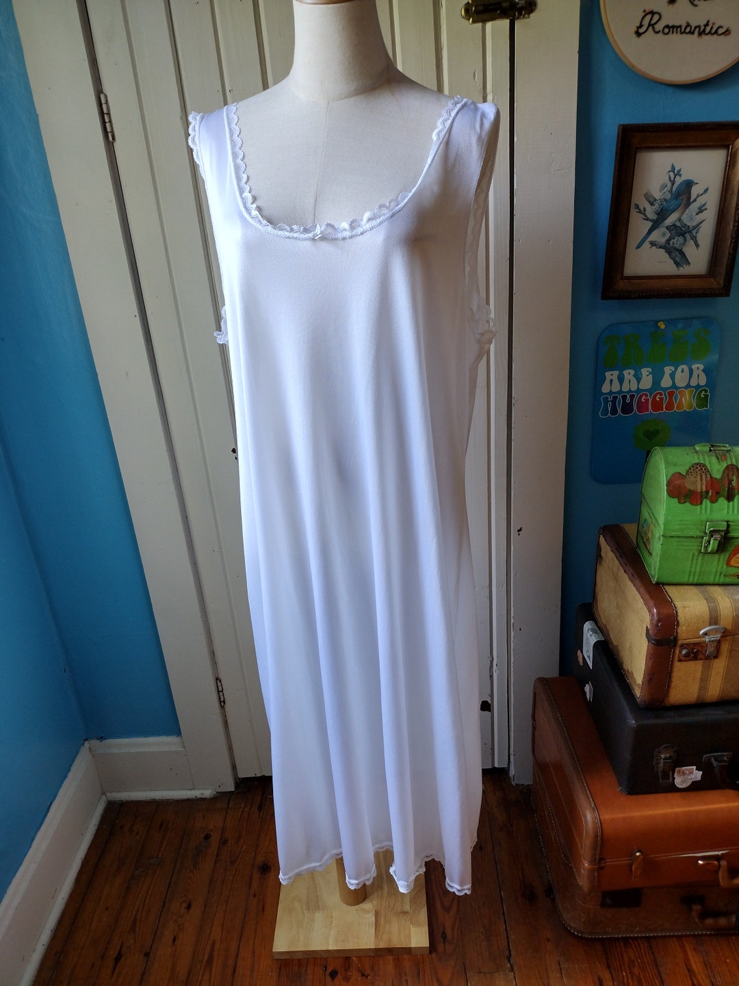 Vintage Nylon Slip XL Lace Bow XXL White 80s Dress Liner Sheer Full ...