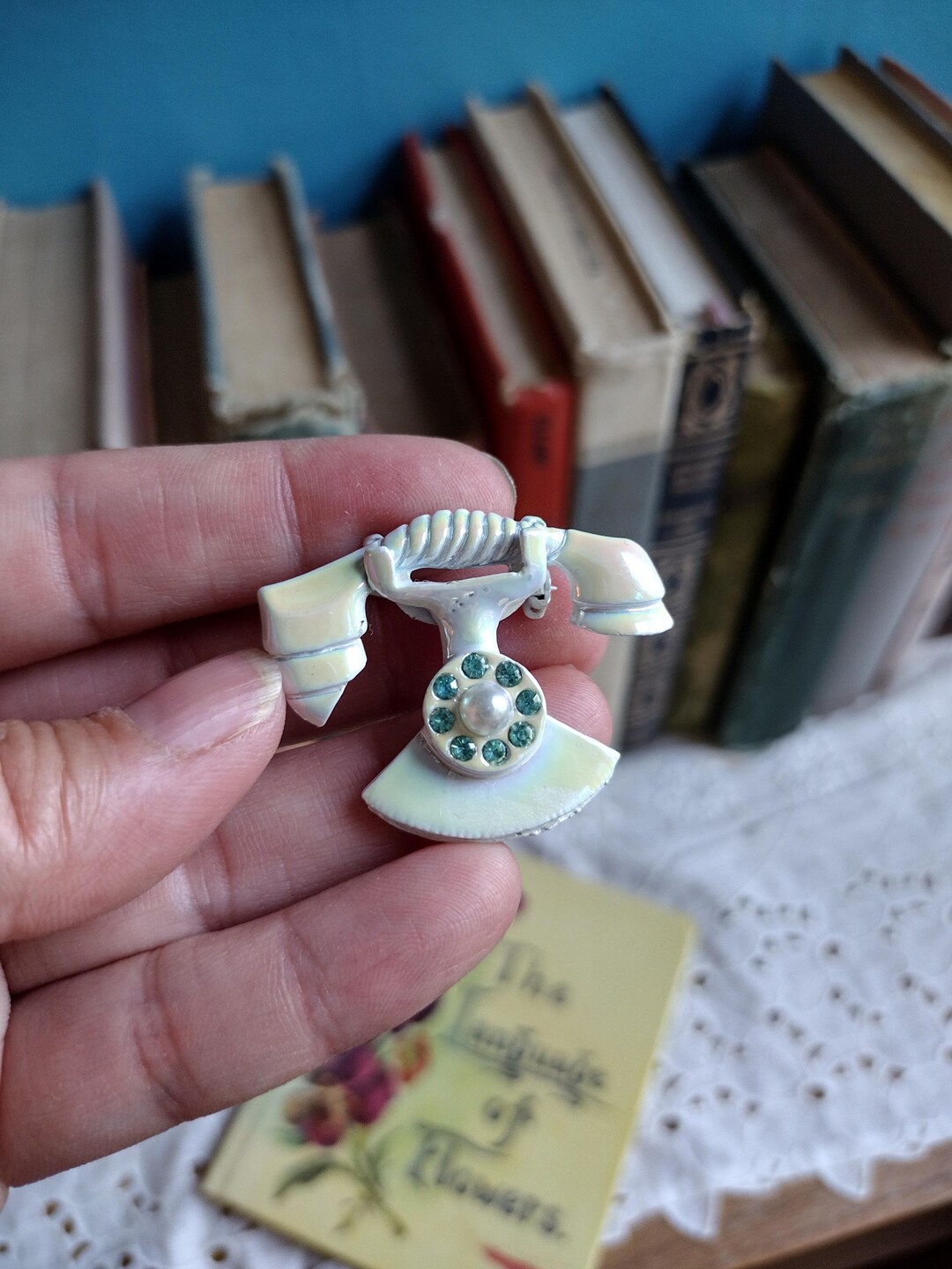 Vintage White Blue Telephone Brooch Rhinestone Rotary Dial Pin - Etsy