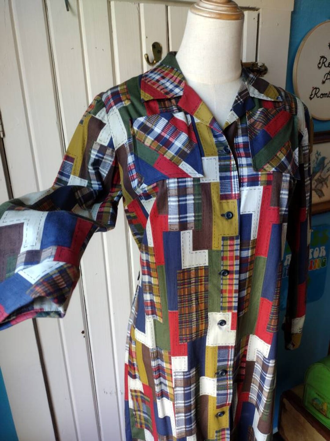 Vintage 60s Patchwork Print Dress Shirtwaist Collared Long Sleeve Button Down Shirt M L Blue ...