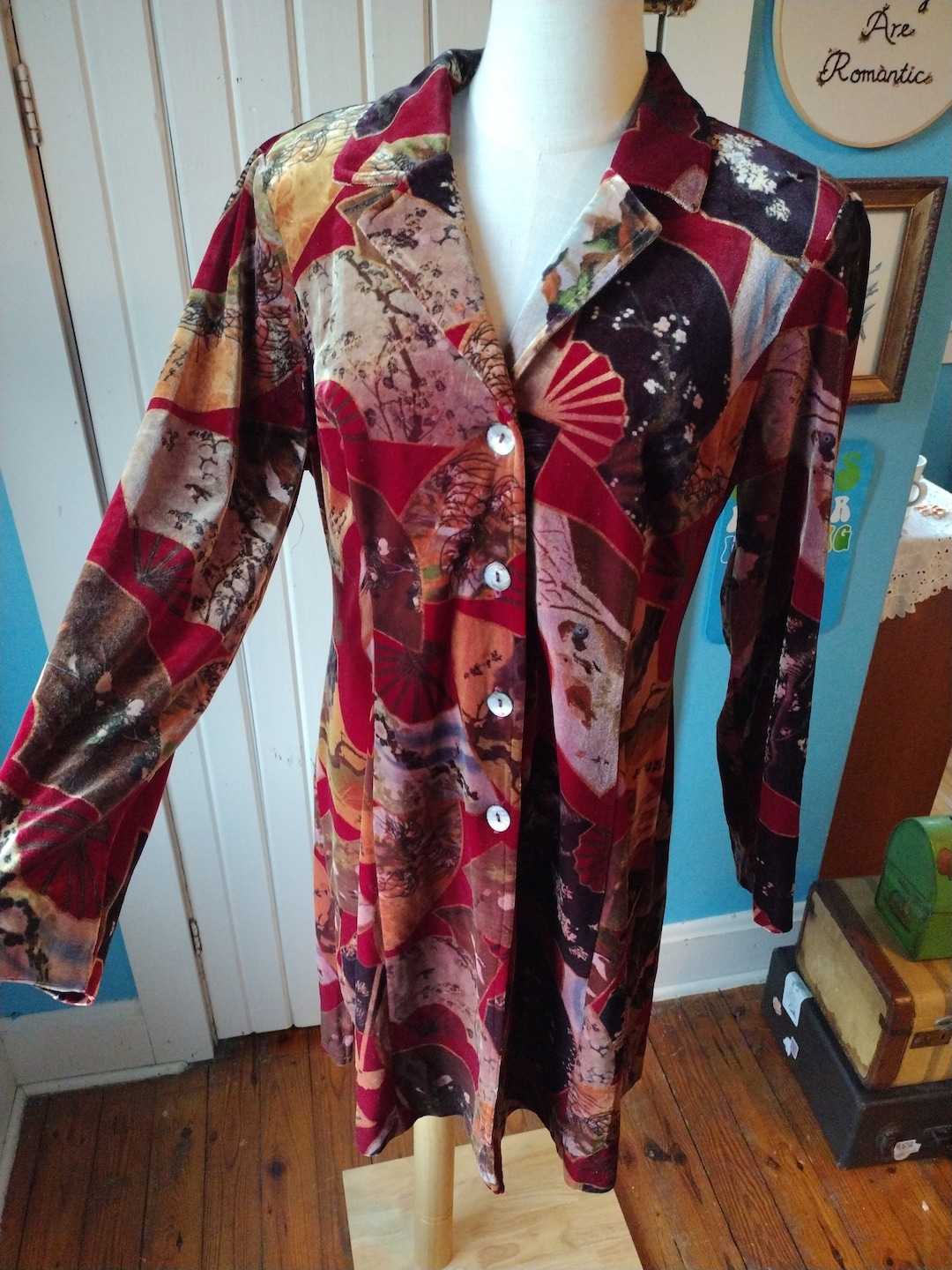 Vintage Velvet Dress Jacket M L Red Maroon Fan Print - Etsy
