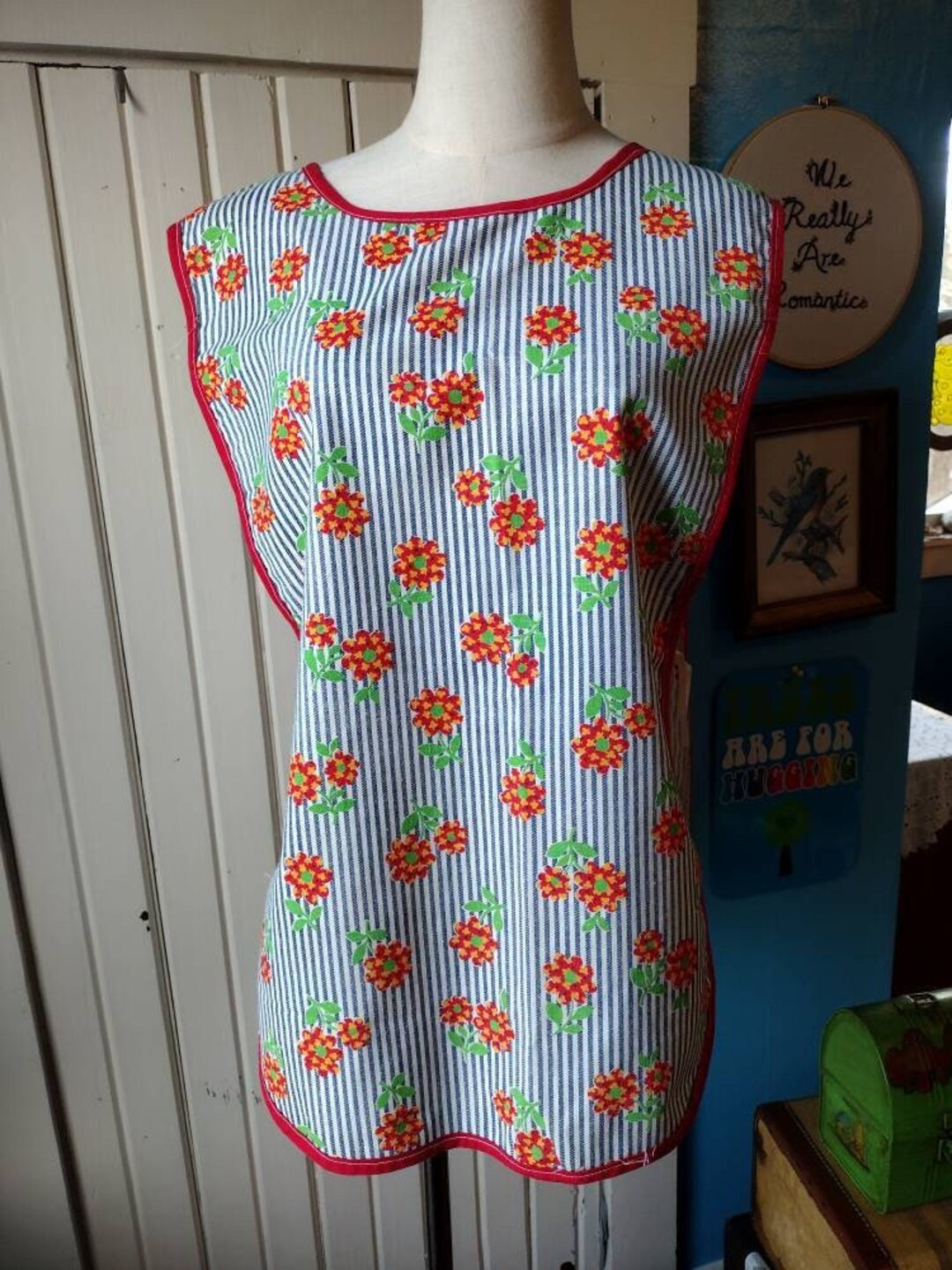 Vintage 60s 70s Floral Apron Smock Striped Floral Blue White Orange - Etsy
