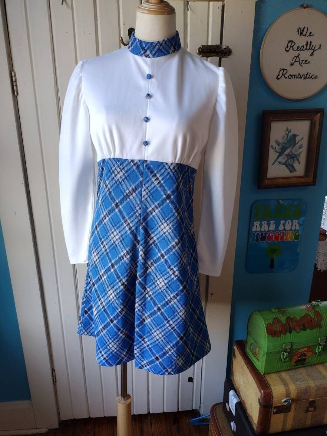 Vintage 60s 70s Mini Dress Blue White Plaid Long Sleeve S M High Neck ...