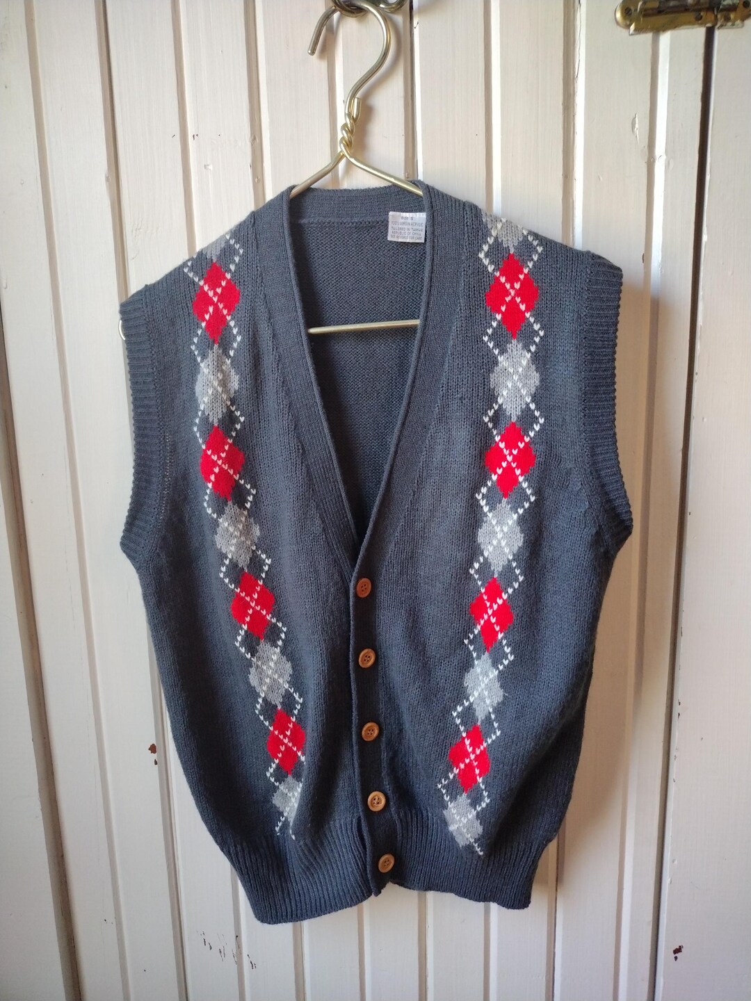Vintage Argyle Wood Button Sweater Vest M Gray Red Down Jumper Grey - Etsy