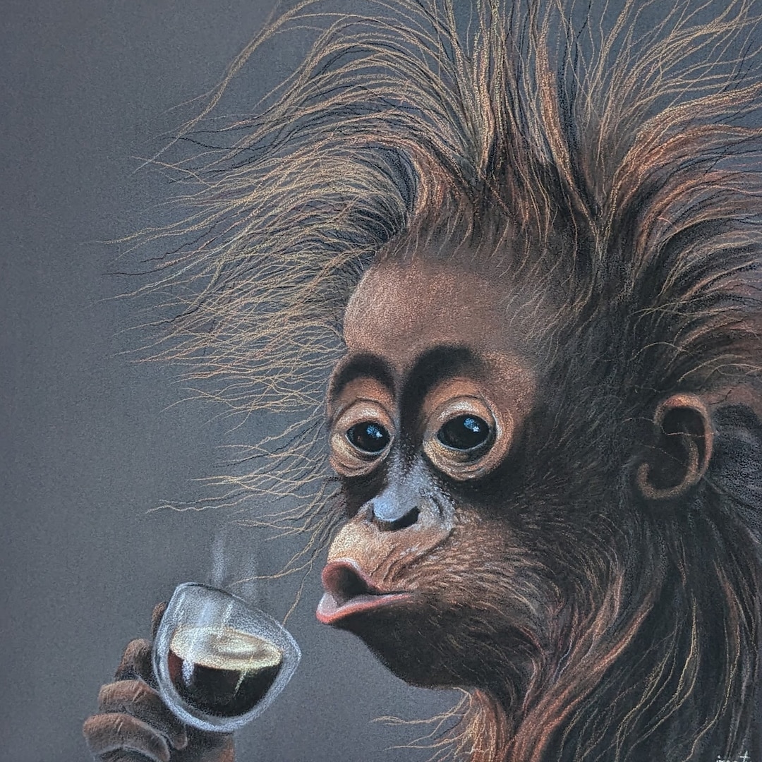 Monkey Drinking Coffee Paper Print for Kitchen Room Monkey Painting ...