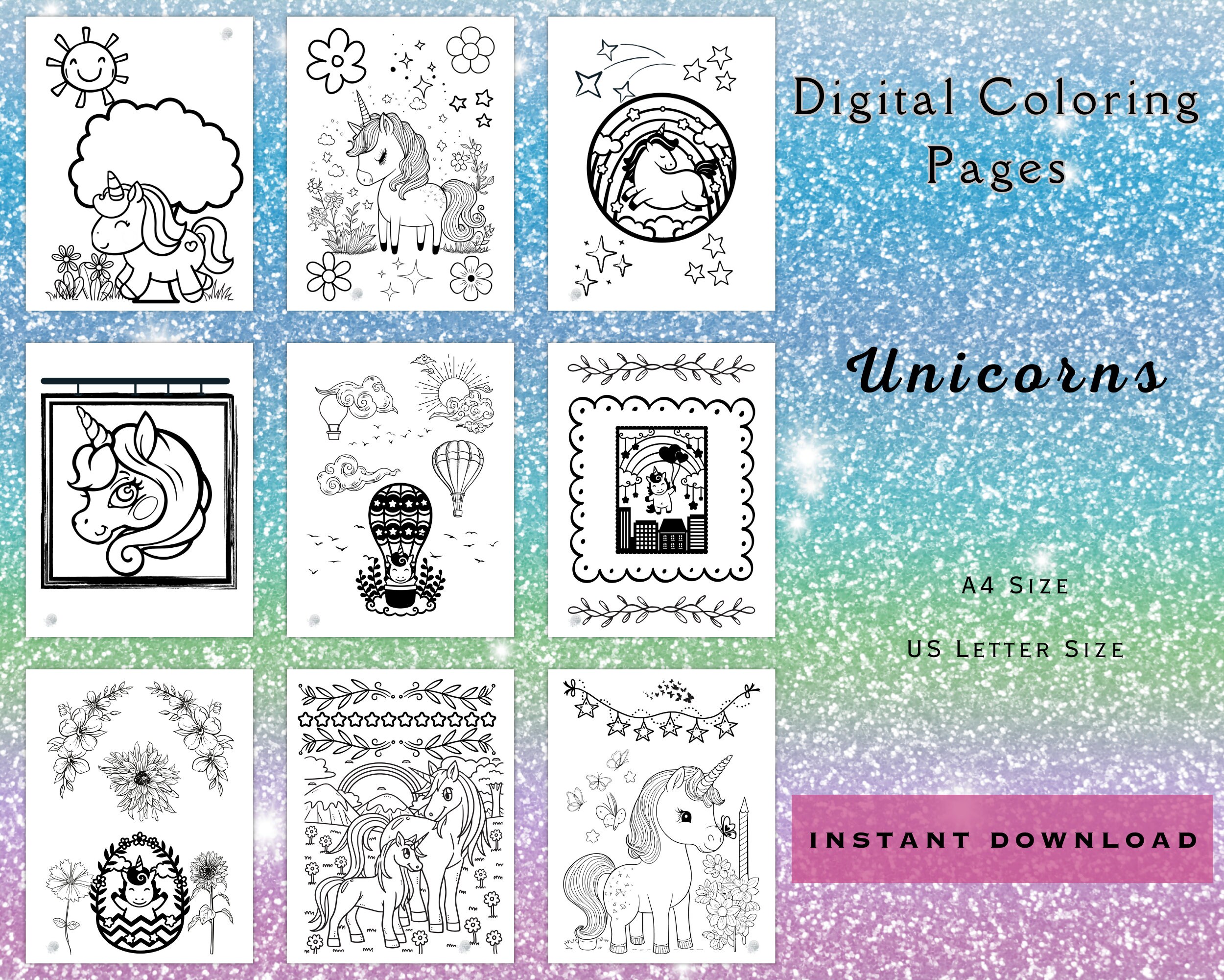 Cute Unicorn Coloring Pages Digital Download Unicorn - Etsy