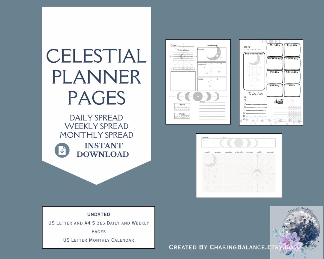 Printable Celestial Calendar Sheets | Moon Phases and Starry Planner ...
