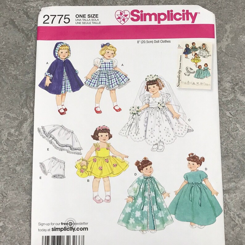 UNCUT!! Simplicity 2775 Sewing Pattern Re-issued Vintage 8" Doll ...