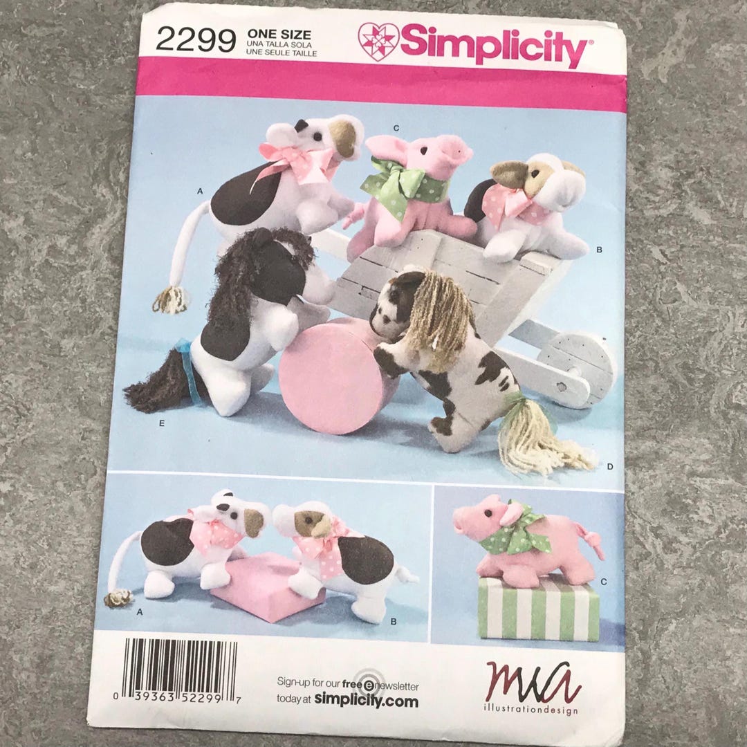 UNCUT Simplicity 2299 Sewing Pattern Stuffed Animals Plushies Cow Pig Pony Stuffed Toys 10 1/2 X ...