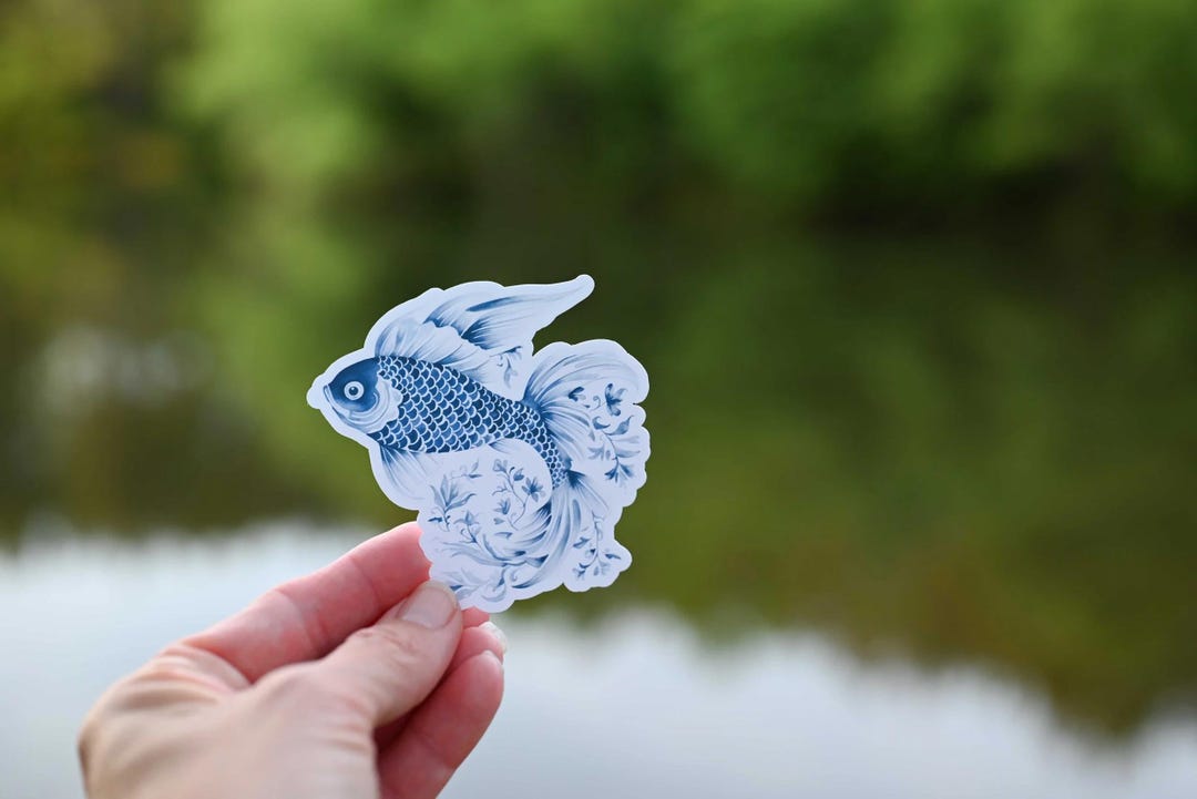 Blue Fish Toile Vinyl Sticker: Water-resistant Decal - Etsy