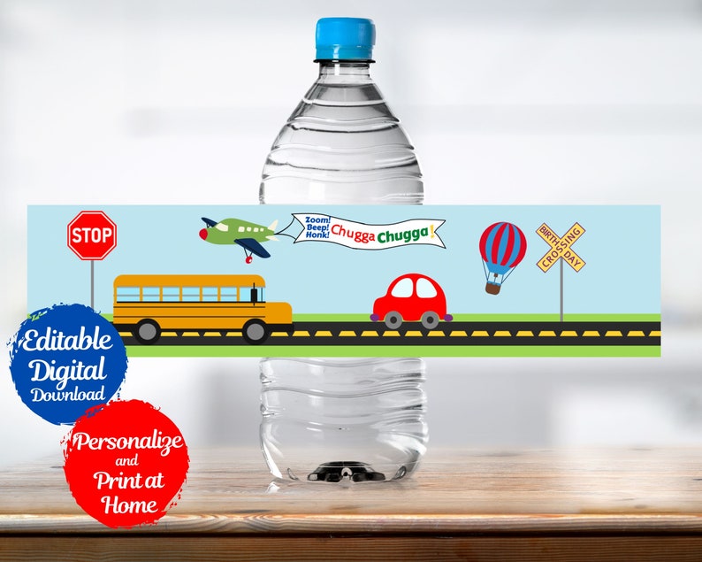 Transportation Party Water Bottle Label, Personalized Water Bottle Wrap ...