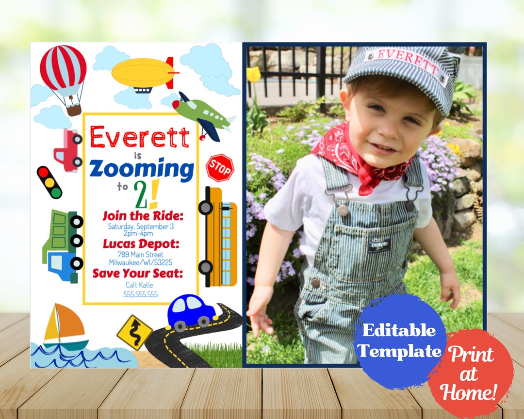 Transportation Birthday Invitation, Digital Download Invitation Photo ...